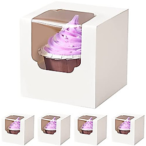 SHALLIVE 60 Pcs Cupcake Boxes Individual White with Insert, Auto Popup Single Cupcake Containers Hot Cocoa Bomb Boxes with Window for Cupcakes Treats Chocolate Strawberries Cookies for Graduation and Baby Shower Birthday Gifts