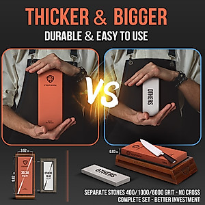 Extra Large Knife Sharpening Stone Kit - YEOPASDA Thicker 3 Side Grit 400/1000/6000 Wet Stone - Whetstone Knife Sharpener Stone Set with Non-Slip Wood Base, Angle Guide, Cut Resistant Gloves