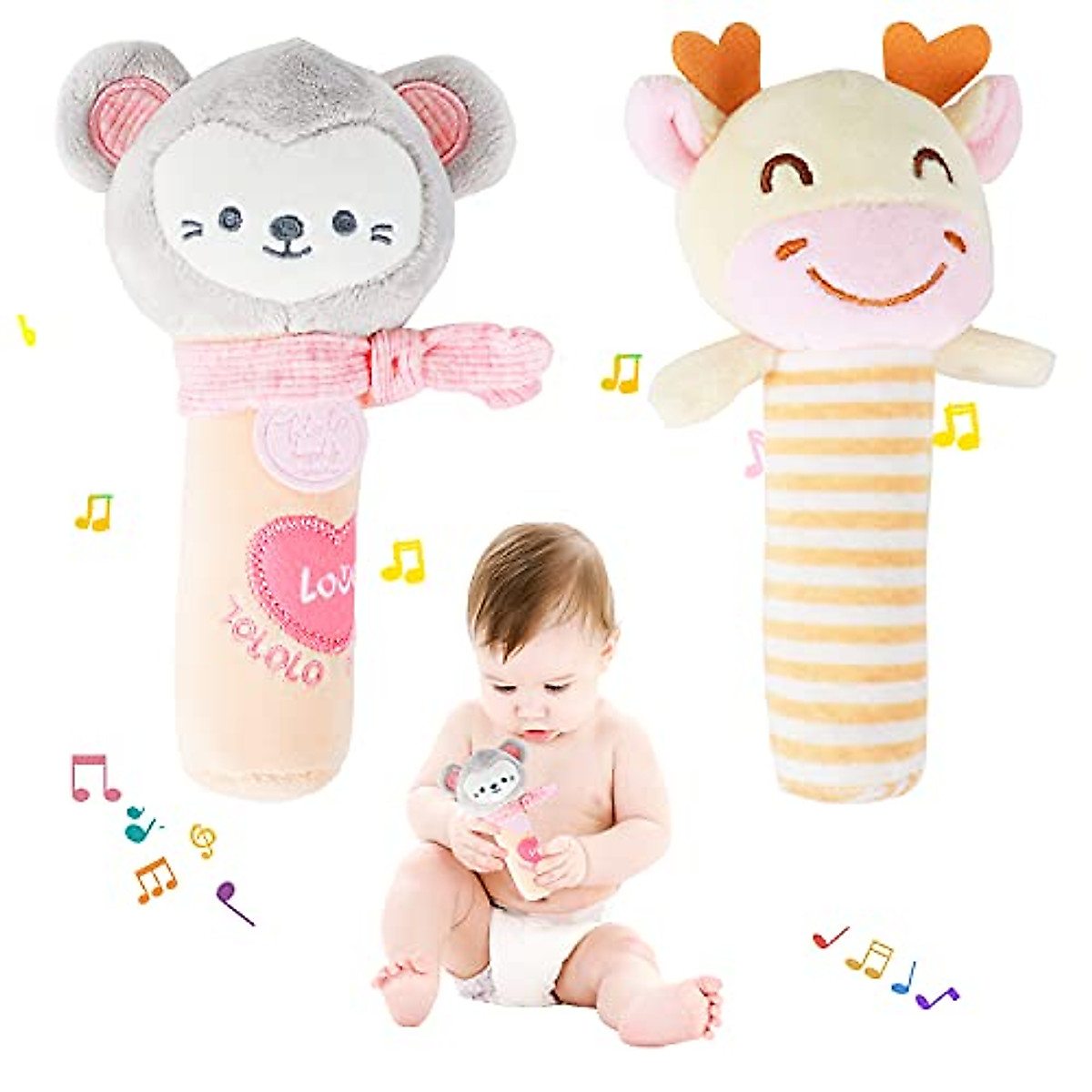 Funsland Baby Rattles Toys Soft Plush Hand Rattles Hand Grip Toys Stuffed Animal Rattles Shaker for 3 6 9 12 Months Infants Newborn 2 Pack