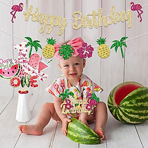 Glitter Tropical Happy Birthday Banner Luau Birthday Banner and Birthday Cake Toppers Flamingo Flower Banner for Summer Birthday Party Decorations Theme Baby Shower Supplies
