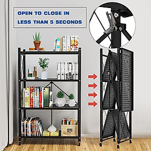 Lifetime Home 4-Tier Foldable Storage Shelf with Wheels - Metal Collapsible Shelving Unit Display, Rolling Cart for Books Kitchen Storage Shelves, Pantry & Closet Organizer, Office Room Decor - Black