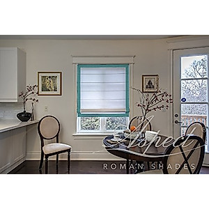 LOGANOVA Flat Roman Shade Chevalle Seafoam. White background with blue green border on four sides and chain mechanism. Custom made.