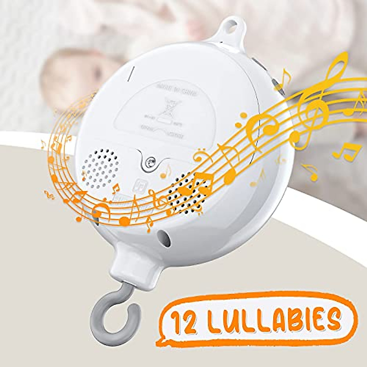 FEISIKE Baby Crib Mobile Arm with Music Box Spin Motor,23 Inch,Volume Control,3 Modes(Turn & Music,Turn Only, Music Only),Nursery Decor Hanger,Holder for DIY Clamp Mobile,12 Lullabies,30 Min Auto-Off