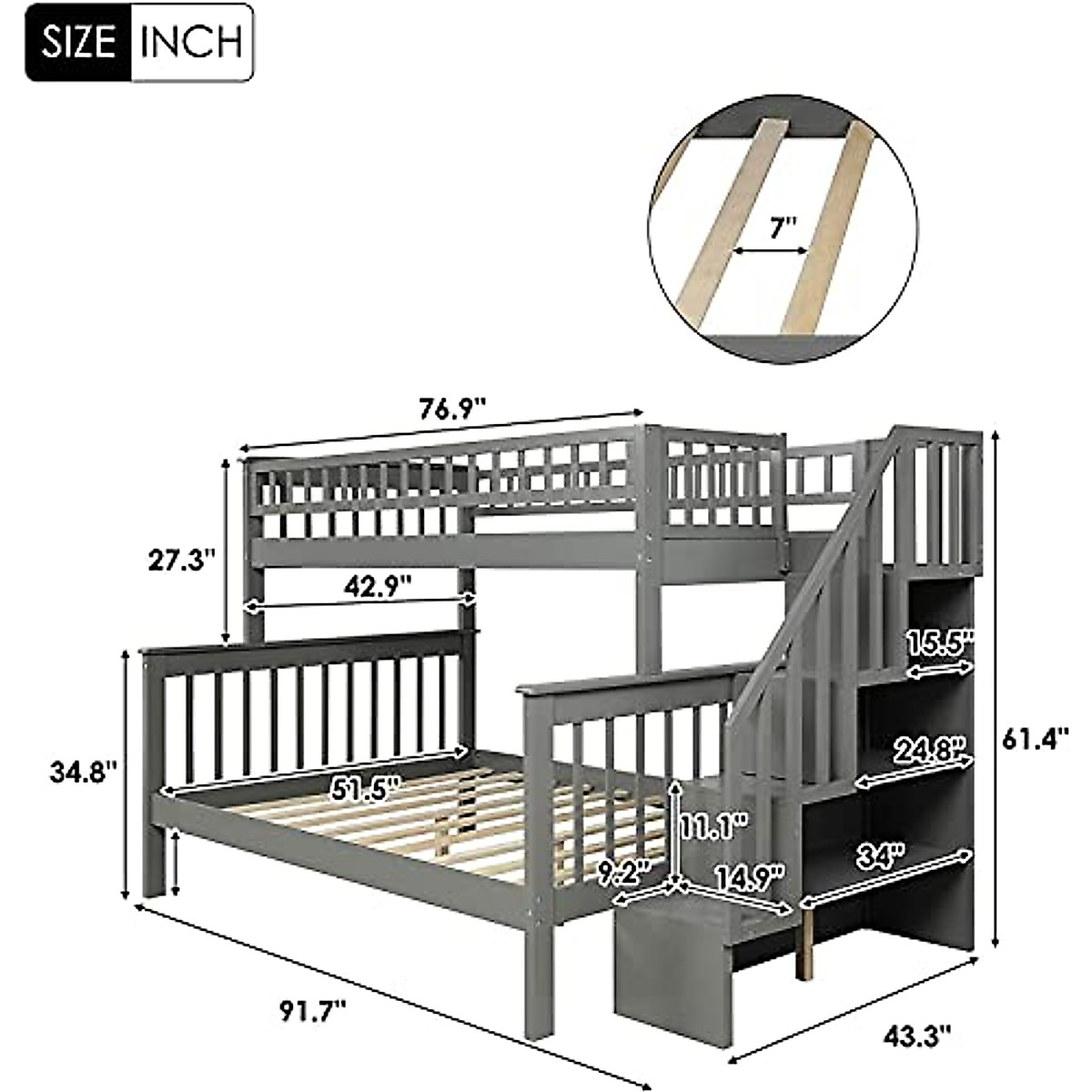 STP-Y Bunk Beds Twin Over Twin Wood Bunk Bed Frame for Boys Girls Teens, Can be Divided into 2 Beds, Gray (Color : Grey, Size : Twin Over Full)