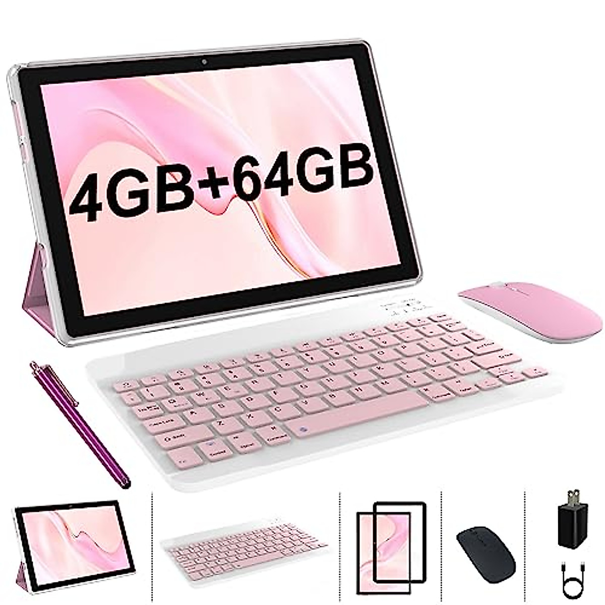 2023 Newest Tablet with Keyboard, 10 inch 2 in 1 Tablets, Android 11 1.8Ghz Quad-Core Processor, 64GB ROM+4GB RAM+512GB Expend Tableta, Case/Mouse/Stylus/8MP Camera/6000mAh Battery/1280x800 HD Display