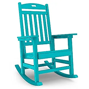 YEFU Outdoor Rocking Chair, Poly Lumber Patio Rocker Chair with High Back, Poly Rocking Chair Look Like Real Wood, Widely Used for Lawn, Porch, Backyard, Indoor and Garden,380lb Heavy Duty(Aruba Blue)