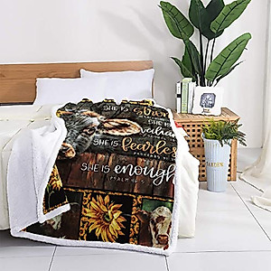 Cow Sunflower Print Sherpa Throw Blanket Yellow Flower Fleece Blankets Gift for Women Wife or Girlfriend Super Soft and Warm Sofa Bedding Blankets 60"X80"
