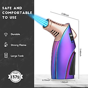 Torch Lighter, Windproof Triple Jet Flame Butane Lighter with Safety Lock, Adjustable Flame Refillable Pocket Lighter for Kitchen Outdoor Use, Zinc Alloy - Rainbow Colored (Butane Not Included)