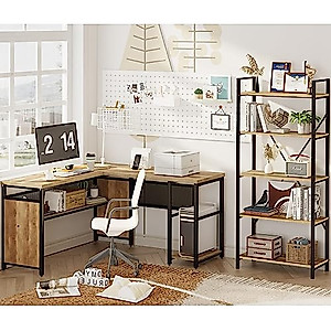 FATORRI Industrial L Shaped Computer Desk and 5 Tier Bookshelf for Home Office (Rustic Oak)
