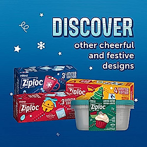 Ziploc Food Storage Meal Prep Containers Reusable for Kitchen Organization, Smart Snap Technology, Dishwasher Safe, Deep Square, 3 Count, Holiday Designs, Packaging May Vary