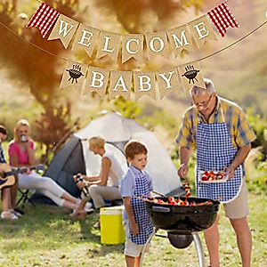 Rainlemon Jute Burlap Welcome Baby Banner with Grill BBQ Theme Baby Shower Party Garland Decoration