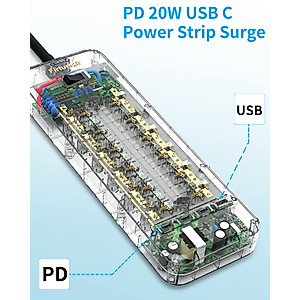 Surge Protector Power Strip with USB, Silicone Extension Cord with 10 Outlets 3 USB Charging Ports and 1 USB-C Charging Port, 1875W/15A Overload Surge Protection, Gift for Mother's Day