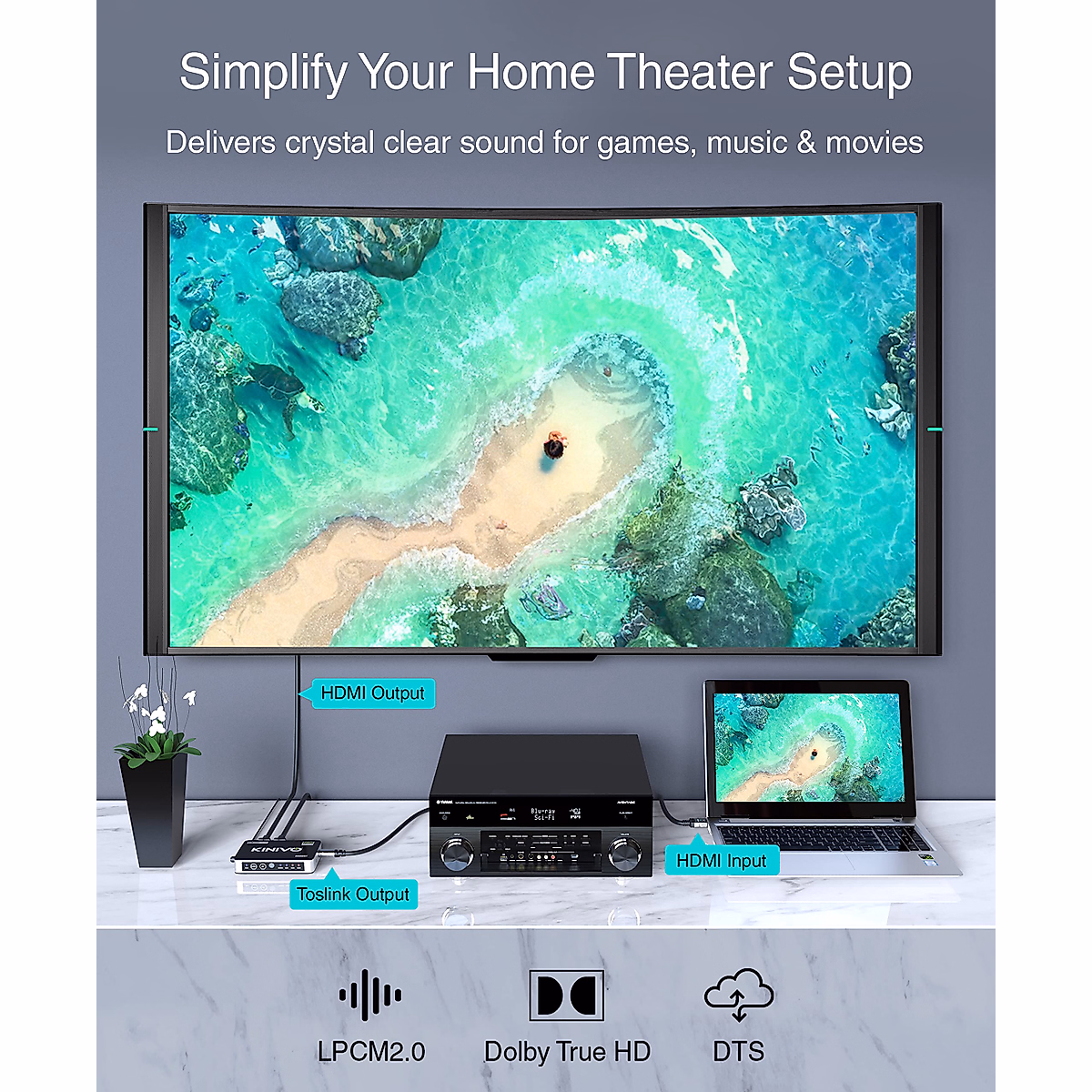 Kinivo HDMI Switch with Audio Extractor 360BNT (3 in one out, Toslink Optical Audio Port, SPDIF, 4K 60Hz, High Speed 18Gbps, IR Remote) - Compatible with Roku, PS5, Xbox, Apple TV, Dolby Digital/Atmos