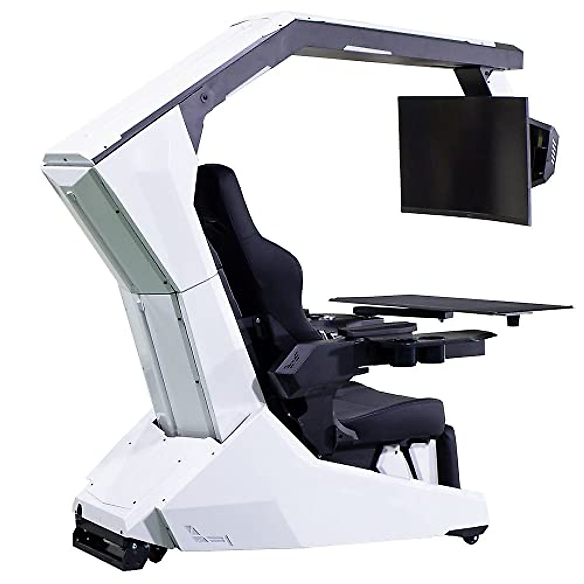 Imperatorworks R1 Pro White Computer Workstation with Massage PU Racing Gaming Chair and Speakers and Support 3 Monitors Zero Gravity Cockpit