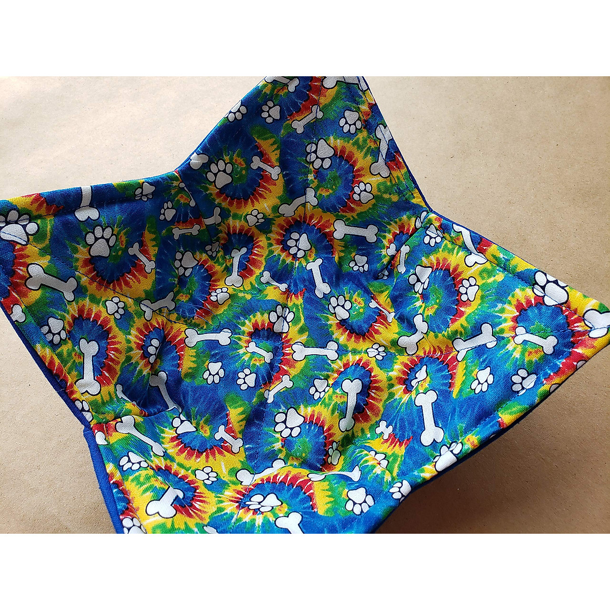 Tie Dye Dog Bone Paw Print Microwave Bowl Cozy Hippie Puppy Reversible Microwaveable Potholder Bowl Buddy BoHo Bohemian Puppy Kitchen Linens Handmade Housewarming Hostess Gifts Under 10