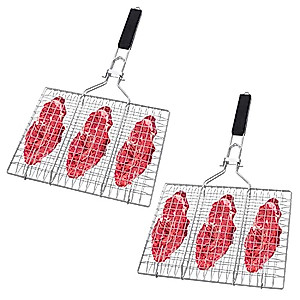 Grill Basket, 2 Pack Stainless Steel Fish Grill Rack, Portable BBQ Grilling Basket Outdoor Grill Accessories Barbecue Grilling Basket for Meat, Steak, Shrimp, Vegetables, Chops
