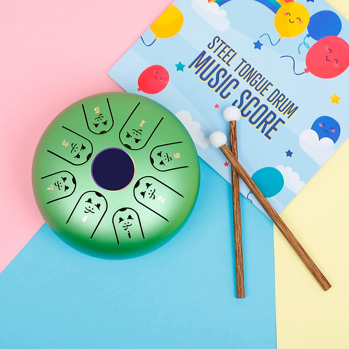 summina 5.5 Inches Mini Steel Tongue Drum 8 Notes C Key Handpan Drum Chinese Zodiac Patterned Tank Drum Percussion Instrument with Bag Music Book Mallets