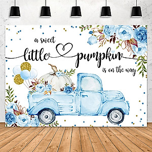 Aperturee Little Pumpkin Baby Shower Backdrop 7x5ft A Little Sweet Pumpkin is On The Way Blue Floral Truck Balloons It's a Boy Photography Background Fall Autumn Party Decorations Banner Photo Booth
