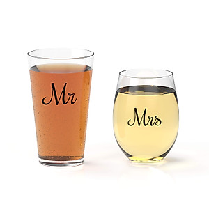Mr Mrs Beer and Wine Glass Set and Bottle Opener, Funny Beer and Wine Glass set of 2, Funny Gift for Couples, Engagement Gift Idea for Couples, Wedding Gift, Anniversary Beer Wine Glasses for Couples