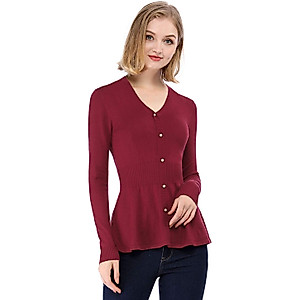 Allegra K Women's Peplum Sweater Ribbed V Neck Long Sleeve Knit Peplum Tops Small Burgundy