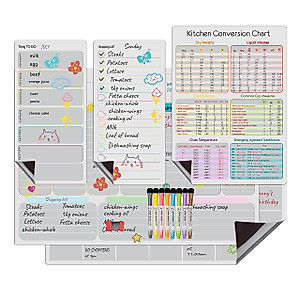 Hivillexun Magnetic Dry Erase Calendar Whiteboard Set (5-Pack) - Includes Meal Planner, Conversion Chart, Family Menu Organizer, Shopping List, and Daily Schedule - 8 Markers and 1 Eraser