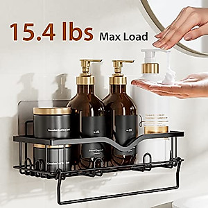 AMADA HOMEFURNISHING Shower Caddy Set, Stainless Steel Shower Organizer with Strong Adhesive, Shower Shelves with Toothbrush Holder, Soap Holder & Towel Bar, No Drilling, Set of 3, Black, AMHSR02B