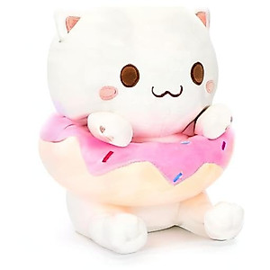 AIXINI Cute Plush Donut Cat Stuffed Animal, Super Soft Kawaii Cat Kitten Plushies for Kids 10inch (White,A)