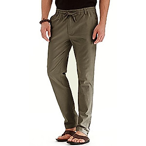 BINGHUODAO Men's Casual Linen Drawstring Beach Loose Trousers Pants with Elastic Waistband(Brown,30)