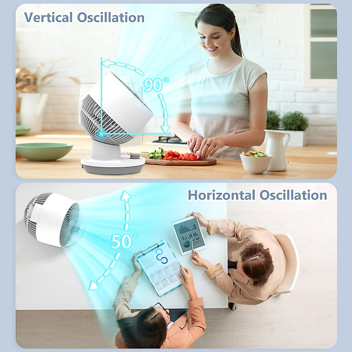 LifePlus Small Air Circulator Fan, Desk Fan 90° Tilt & 52° Oscillating, Portable Table Fan with 3 Speeds Powerful Airflow Perfect for Bedroom Dorm Office, White