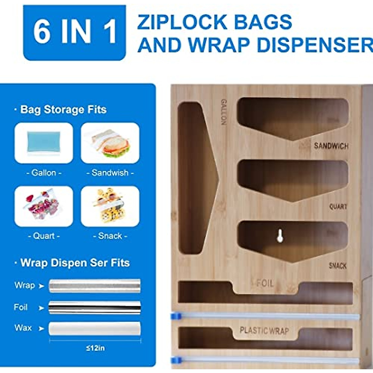 Foil And Plastic Wrap Organizer With Cutter & Ziplock Bag Storage, Baggie Food Holders For Sandwich, Snack Gallon, Quart Bag, Bamboo Aluminum Dispenser Labels, 43*33*7