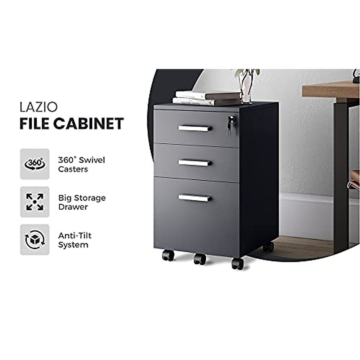 Lazio 26 Inch File Cabinet with Lock - Filing Cabinet for Home and Office - 3 Drawer File Cabinet with Wheels for A4 Sized Letters, Legal Sized Documents, Hanging File Folders - Black/Black