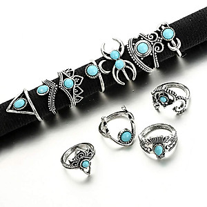 Asphire 11Pcs Bohemian Stacking Knuckle Rings Set Turquoise Midi Ring Punk Silver Animals Finger Rings for Women