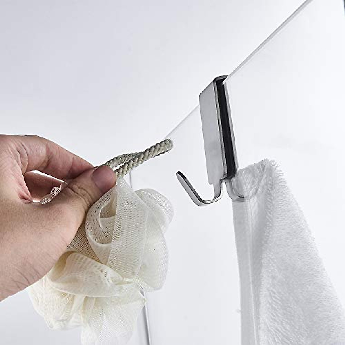 MOKIUER Double Hooks for Glass Shower Door, Towel Hooks Over The Bathroom Glass Wall 0.31-0.39in, Stainless Steel, Brushed,2 Pack.