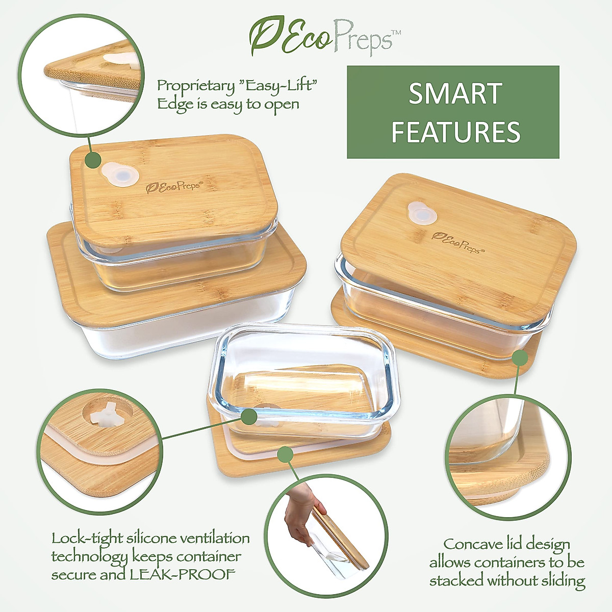 EcoPreps Glass Food Storage Containers with Bamboo Lids [4 Pack] 100% Plastic Free, Eco-Friendly, Oven, Microwave Safe Glass Meal Prep Containers, Glass Lunch Containers, Bamboo Lid Storage Containers