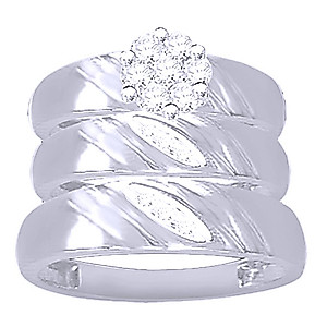 Jewel Zone US White Natural Diamond Engagement and Wedding Trio Band Ring Set in 10k Solid White Gold (0.25 Carat)