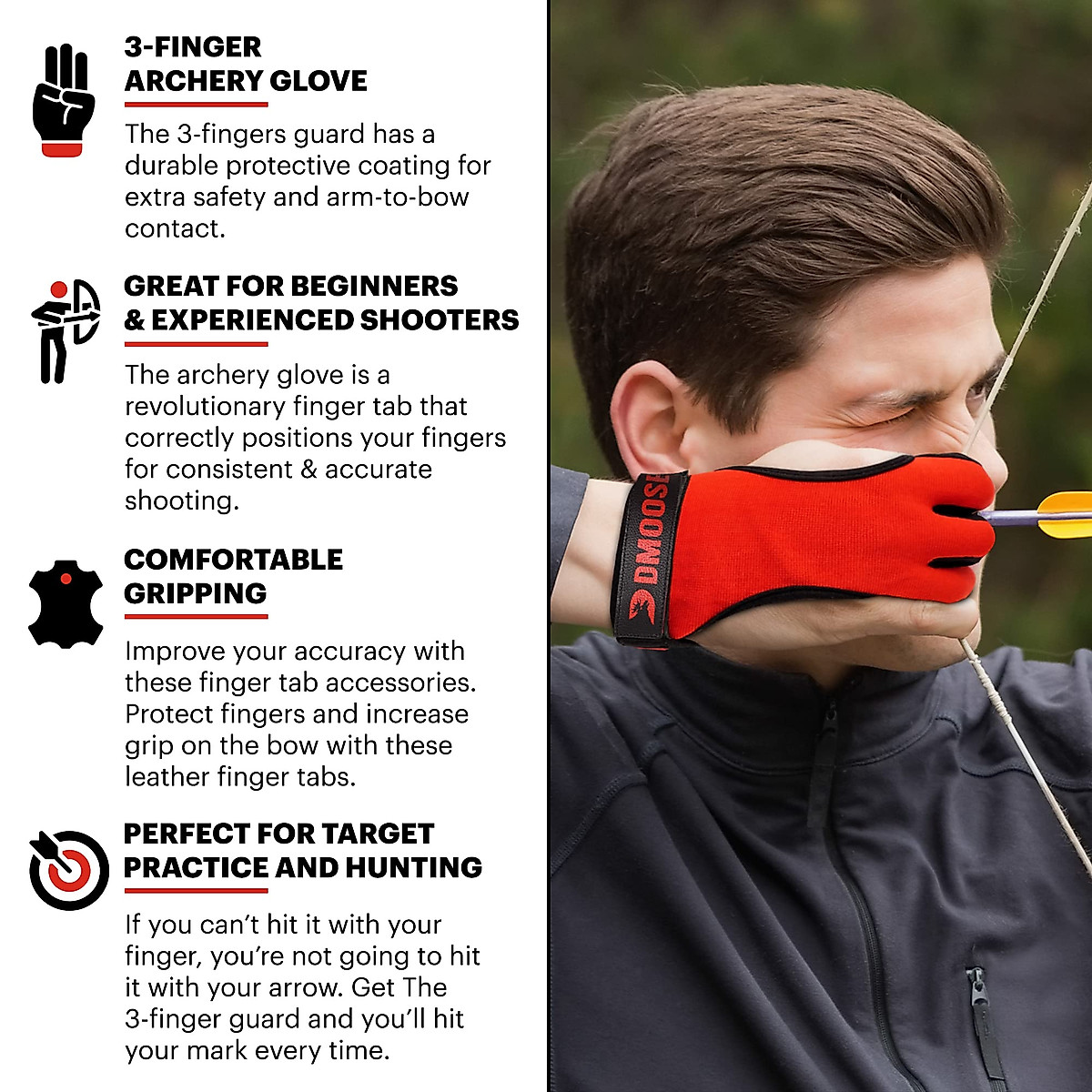 DMoose Archery Glove, Leather Gloves for Recurve & Compound Bow, Non-Slip Padded Tips for Grip Stability - Three Finger Protected Design Archery Finger tab, Archery Accessories for Men, Women & Youth