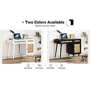 Anmytek Rattan Vanity Desk with Drawers and Storage, Black Makeup Vanity Table Modern Home Office Desk Computer Desk for Study D0005