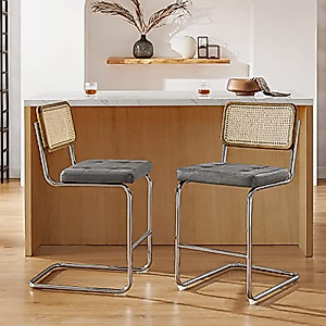 Volans Bar Stools Set of 2, Armless Rattan Bar Stools 26" with Oak Back Frame, Mid-Century Modern Bar Stools with Chrome Metal Legs, PU Leather Seat Bar Chairs for Kitchen Island, Gray