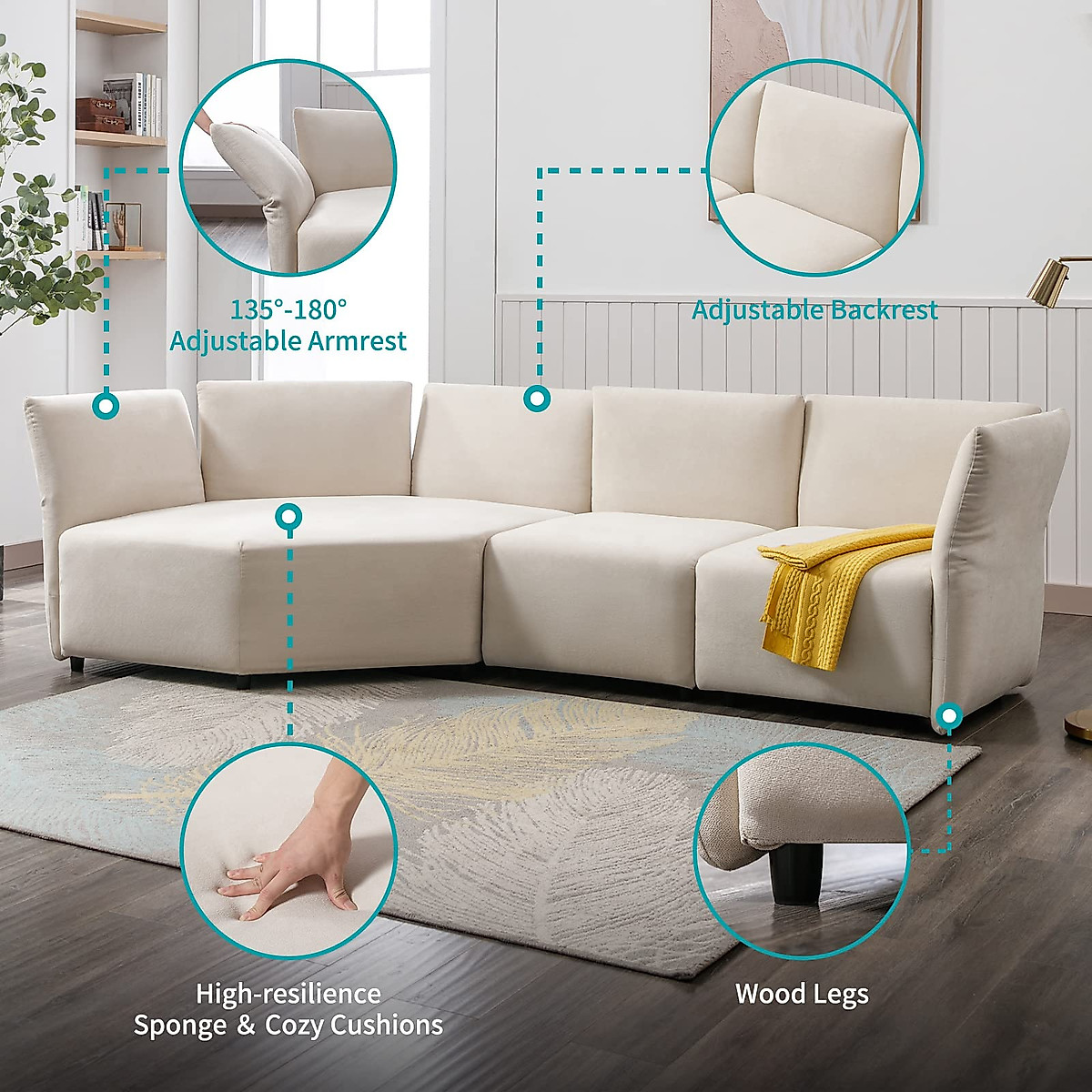 BALUS 128.3''W Curved Beige Sectional Sofa Couch for Living Room, Free Combination Modular Sofa with Adjustable Armrest and Backrest, Modern Upholstered Velvet 4 Seater Couches for Home Office