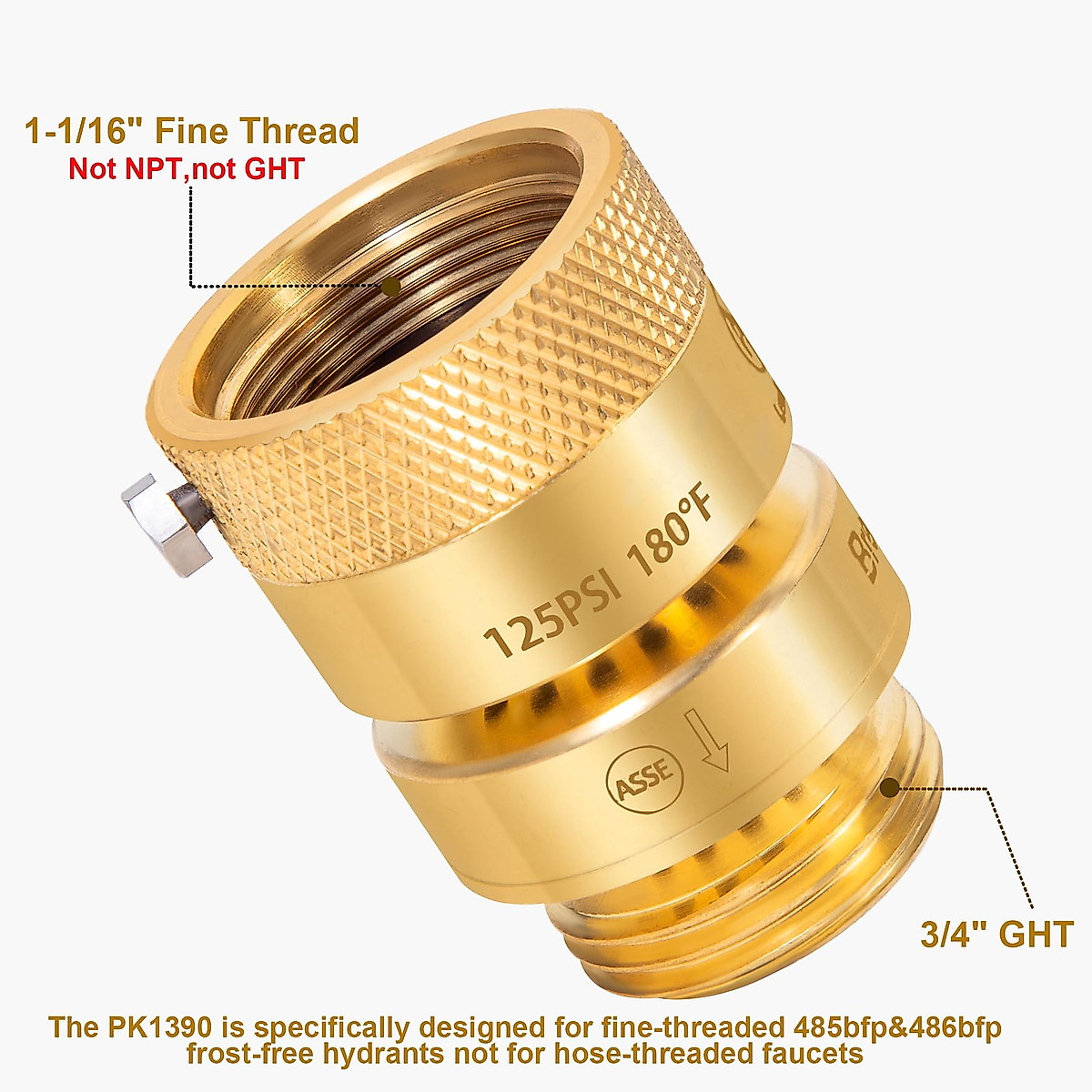 PK1390 Replacement Self Draining Vacuum Breaker,1-1/16" Fine Thread Female to 3/4" GHT Thread Male Hose Bib Backflow Preventer Lead-Free Brass