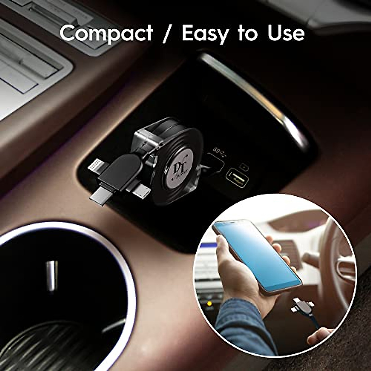 Retractable 3 in 1 Charging Cable, 3.3ft, Lightning to Micro USB Cable Type C, CarPlay for iPhone, iPad, iPod, Samsung, and More