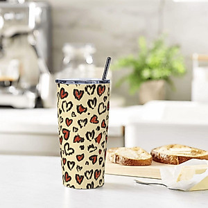 JASROTAO Heart Leopard Tumbler,Leopard 20oz Stainless Steel Insulated Travel Tumbler,Travel Coffee Mug with Lid and Straw Water Bottle Drink Tumbler Cups Gifts for Women Men Lovers
