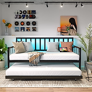 MU Daybed with Trundle Bed, Twin Bed Frame with Charging Station and LED Lights, Metal Sofa Day Bed with Pop Up Trundle and Steel Slat Support for Living Room, Bedroom and Guest Room, Black