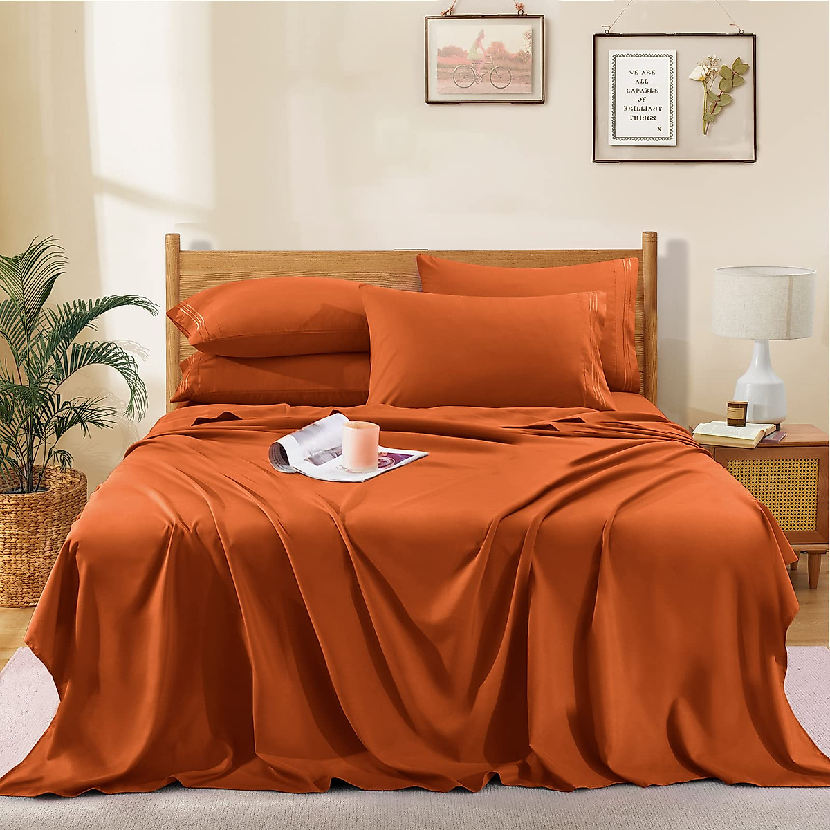 Horbaunal Extra Deep Pocket Full Sheets - Fits Mattress 18-24 Inches Deep - 6 Pieces Hotel Luxury 1800 Thread Count Microfiber Sheet Set - Ultra Soft Burnt Orange Full Size Bed Sheets