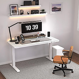 ERGOMORE Glass Standing Desk with Drawer - 45 x 23 Inches Adjustable Height Desk with Memory Preset & USB Ports, Sit Stand Desk for Home and Office (White)