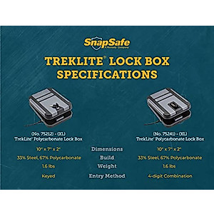 SnapSafe Treklite Combination Lock Box - Polycarbonate Portable and Lightweight Gun Lock Box - with Keyed Lock and Foam Lining - Ideal for Travel, TSA Approved - XL, Black, 10 x 7 x 2 Inches