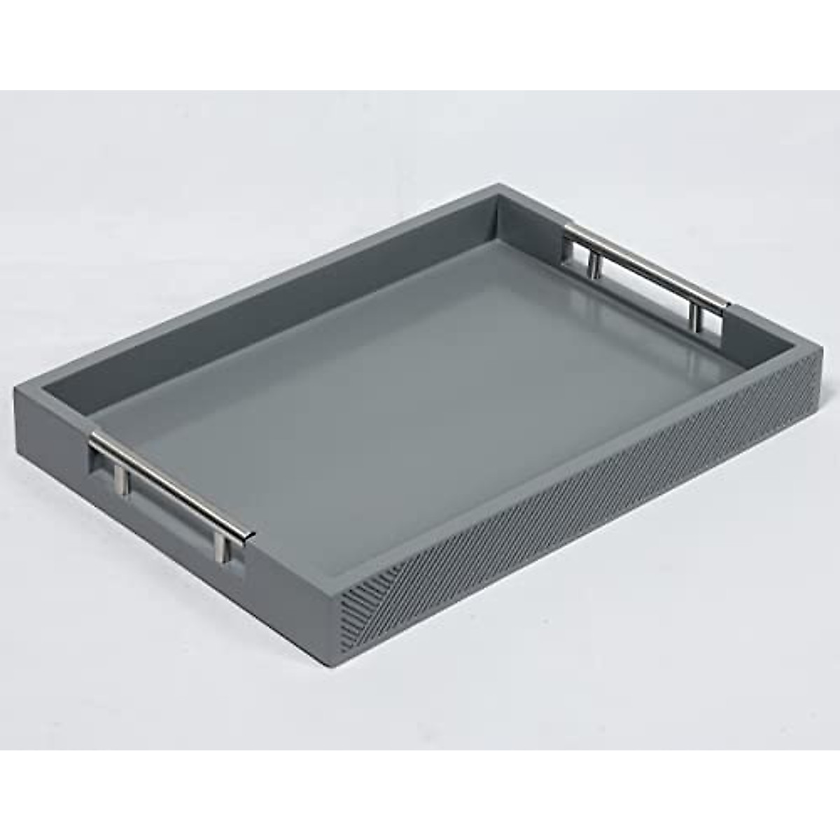 Serving Tray with Polished Metal Handles, 16.5''x12'' Rectangle Coffee Table Tray, Modern Decorative Tray, Large Ottoman Tray, Perfect for Storage and Display (Grey)