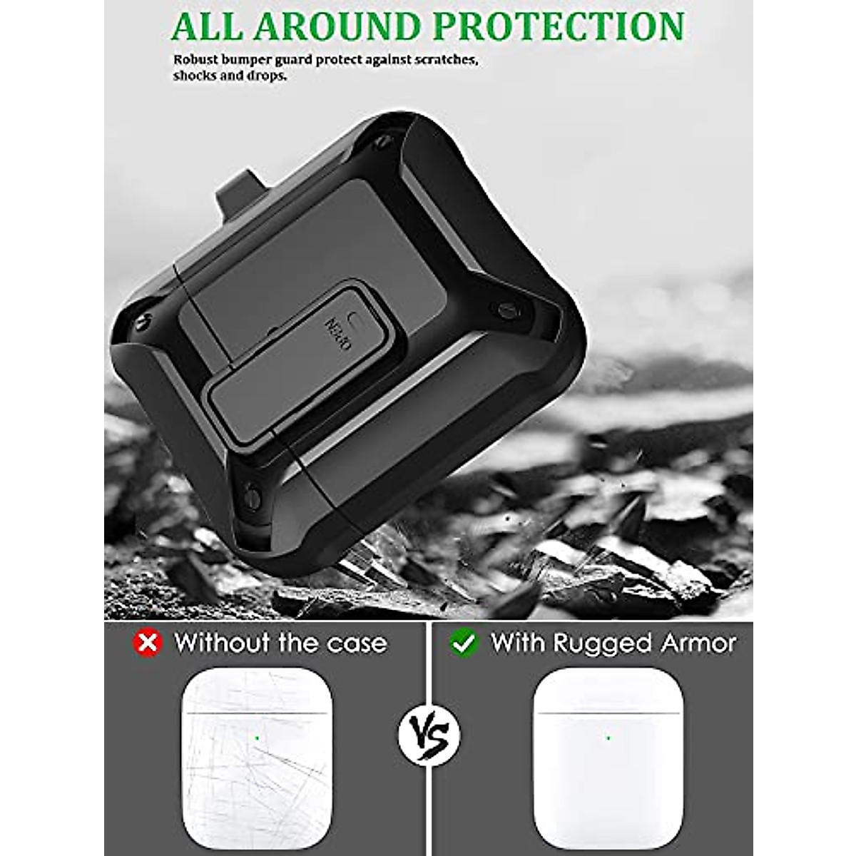 Olytop Airpods Case Cover Men with Lock, Armor Rugged Cool AirPod 2nd 1st Generation Protective Case Boys Shockproof Skin iPods Cover with Keychain for Apple Airpods 2/1 Gen Cases - Black