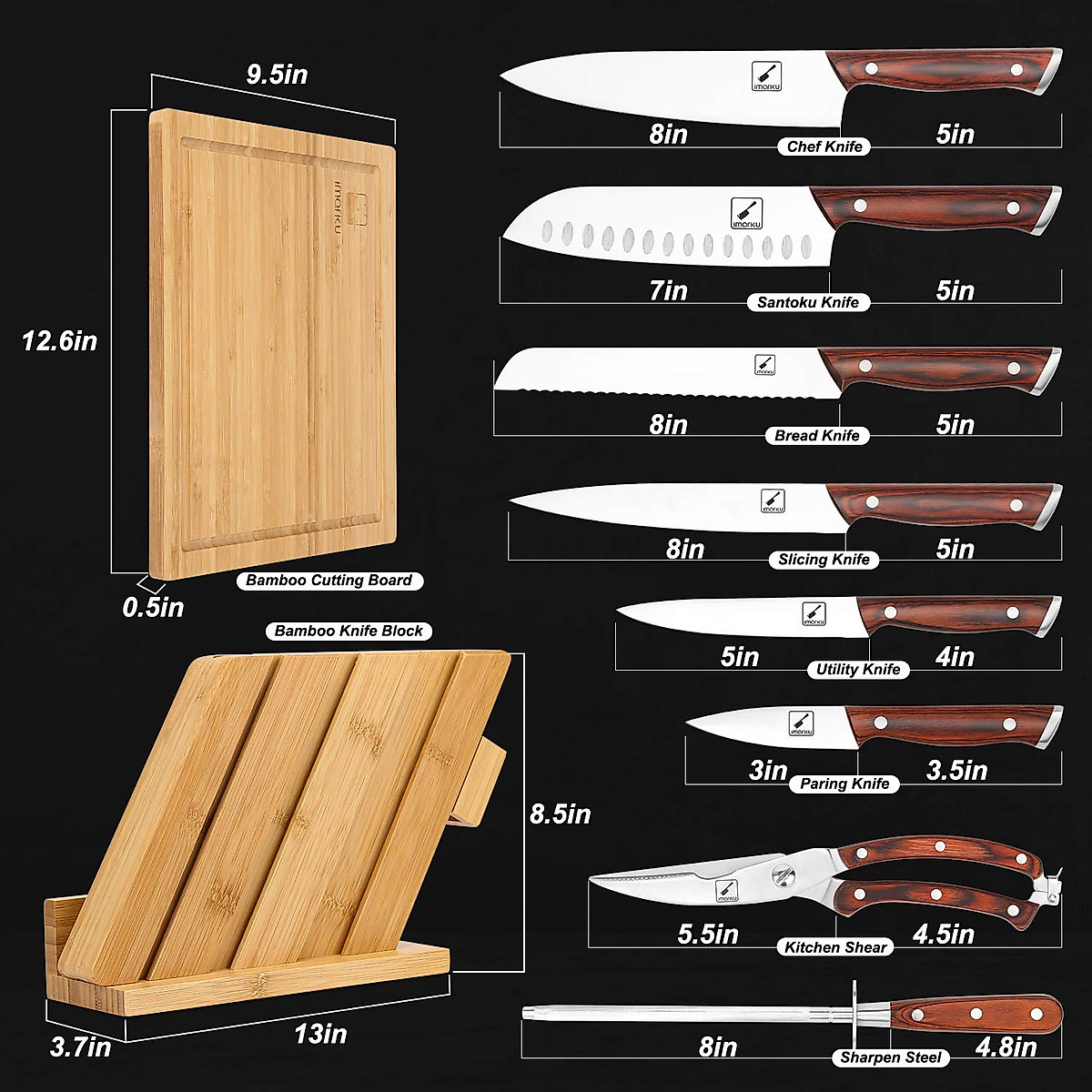 imarku Knife Set, Kitchen Knife Set for Kitchen with Block, 10 Piece Knife and Cutting Board Set with Block, Japanese Chef Knife Set Professional Knives Set for Kitchen