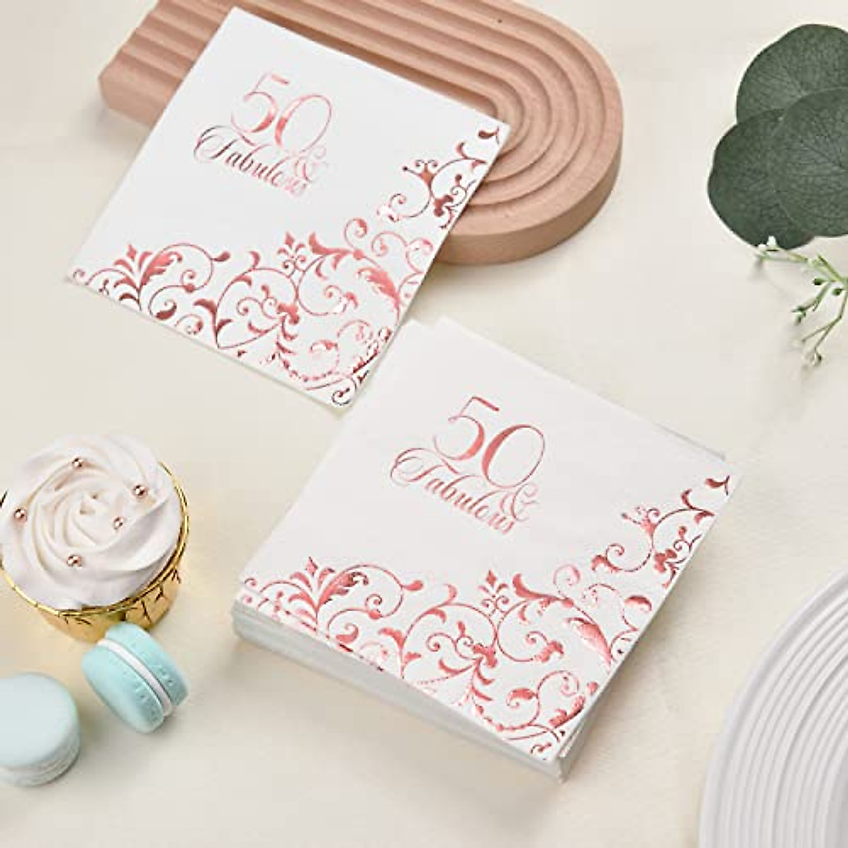 Crisky Rose Gold 50 Fabulous Cocktail Napkins for Women 50th Birthday Party Decorations, 3-Ply Disposable Beverage Dessert Napkins, 50 Counts